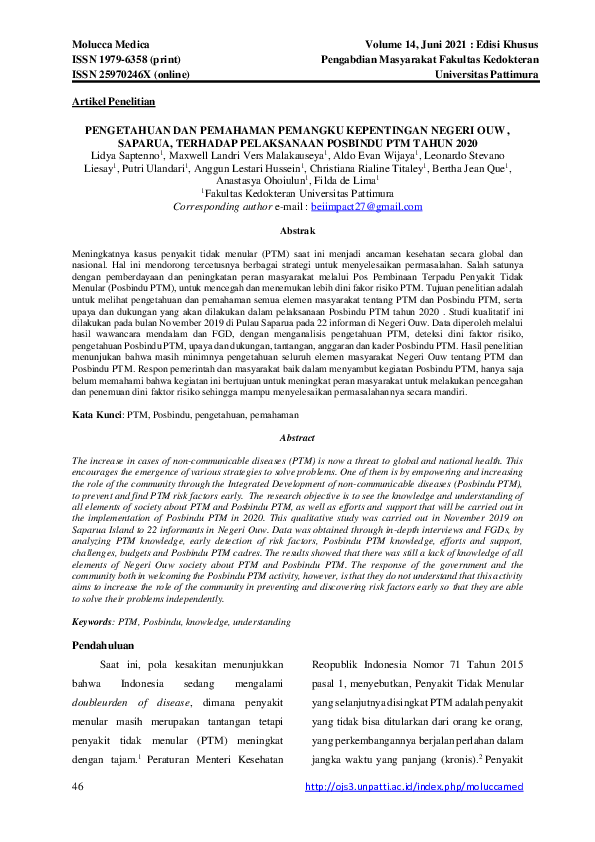 (PDF) Pengetahuan Dan Pemahaman Pemangku Kepentingan Negeri Ouw , Saparua, Terhadap Pelaksanaan ...
