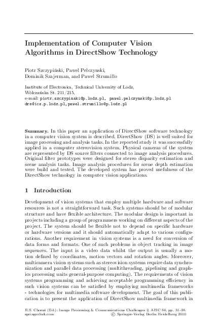 Pdf Implementation Of Computer Vision Algorithms In Directshow Technology Paweł Pełczynski
