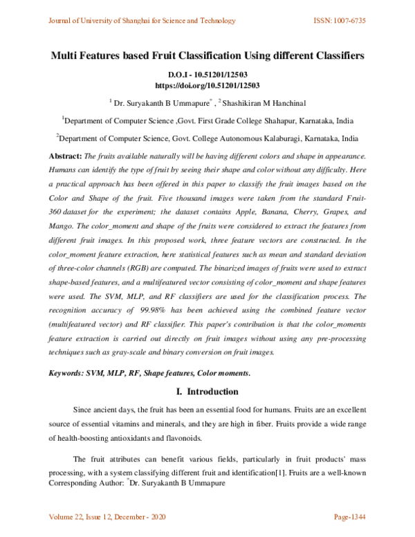 (PDF) Multi Features based Fruit Classification Using different Classifiers