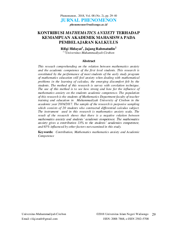 (PDF) Kontribusi Mathematics Anxiety Terhadap Kemampuan Akademik Mahasiswa Pada Pembelajaran ...