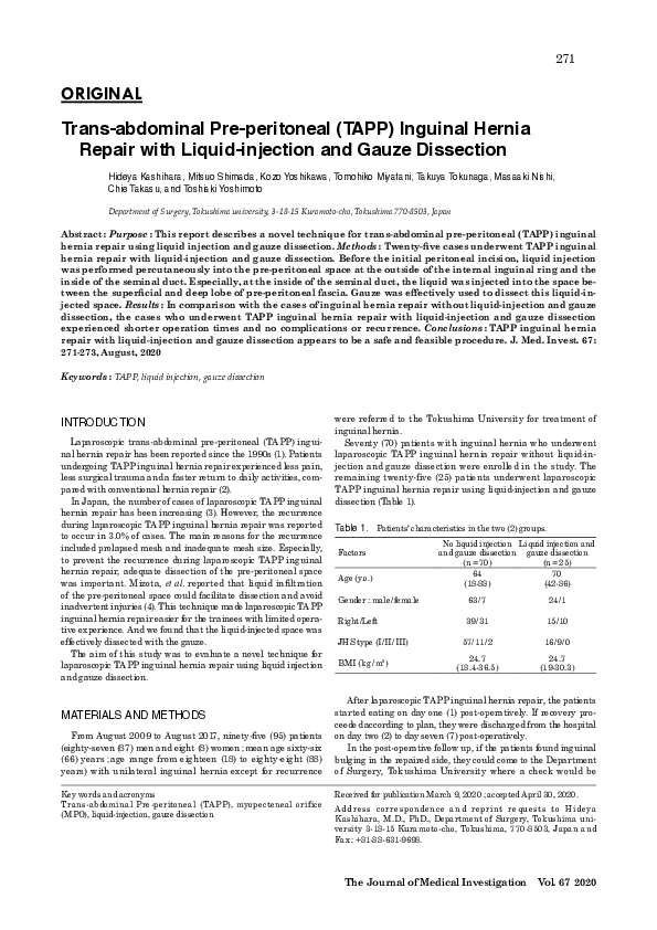 (PDF) Trans-abdominal Pre-peritoneal (TAPP) Inguinal Hernia Repair with Liquid-injection and ...