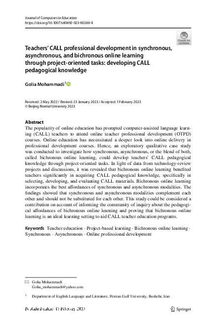 (PDF) Teachers’ CALL professional development in synchronous, asynchronous, and bichronous ...