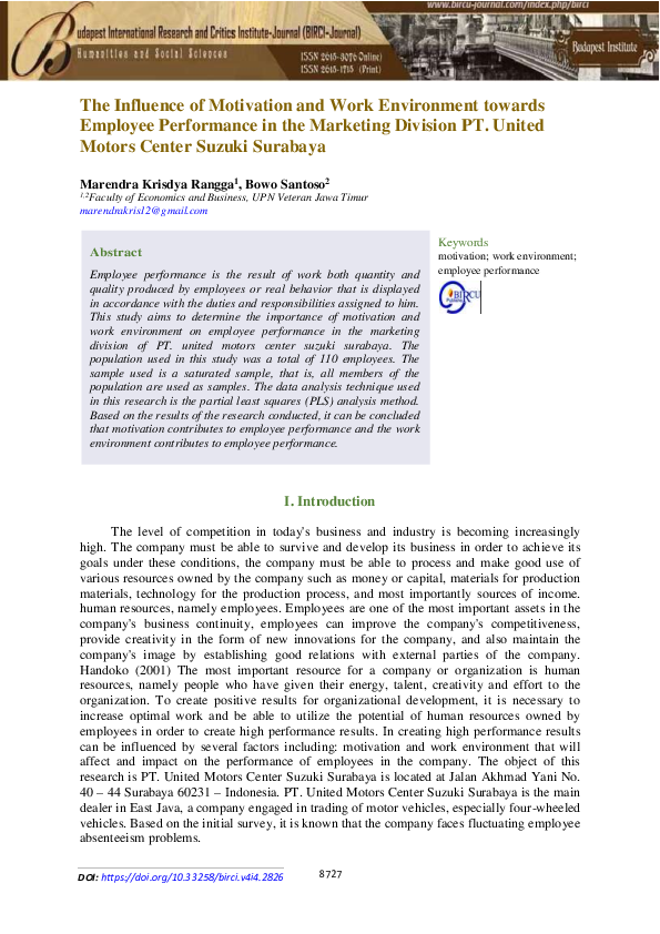 (PDF) The Influence of Motivation and Work Environment towards Employee Performance in the ...