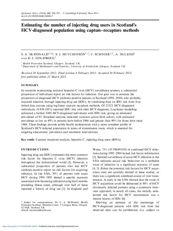 Pdf Estimating The Number Of Injecting Drug Users In Scotlands Hcv Diagnosed Population Using