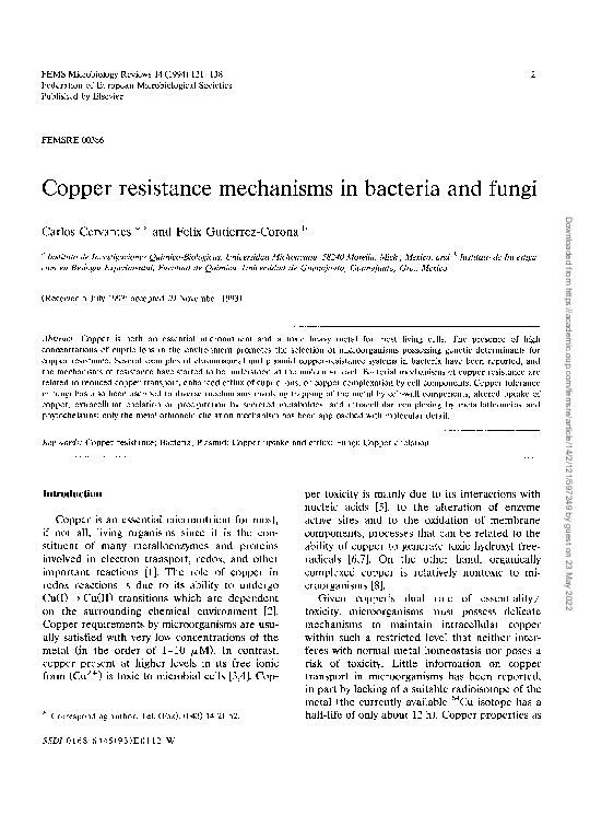 (PDF) Copper resistance mechanisms in bacteria and fungi