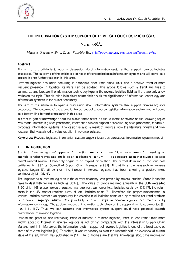 (PDF) The Information System Support of Reverse Logistics Processes