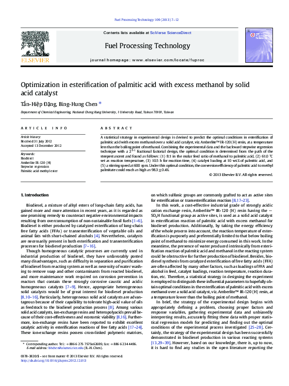 (PDF) Optimization in esterification of palmitic acid with excess methanol by solid acid catalyst