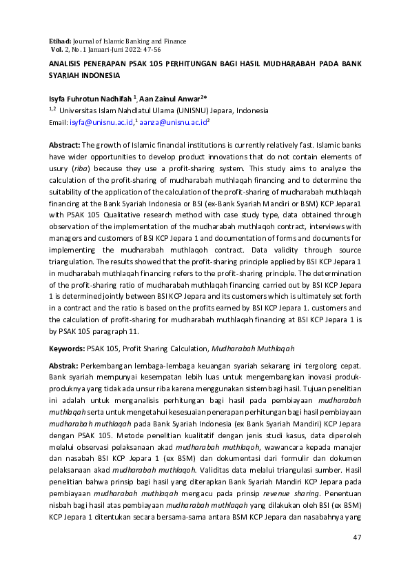 (PDF) Analisis Penerapan PSAK 105 Perhitungan Bagi Hasil Mudharabah pada Bank Syariah Indonesia