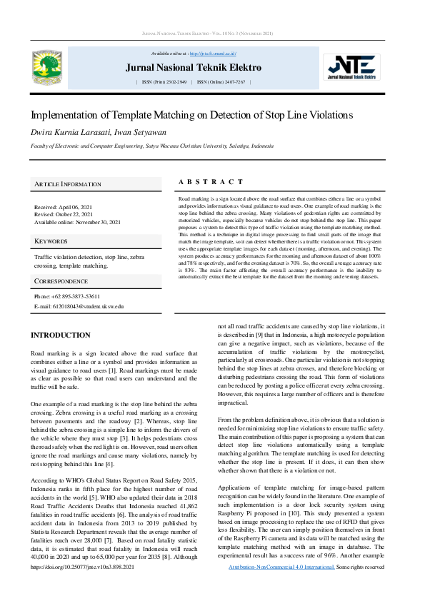 (PDF) Implementation of Template Matching on Detection of Stop Line Violations