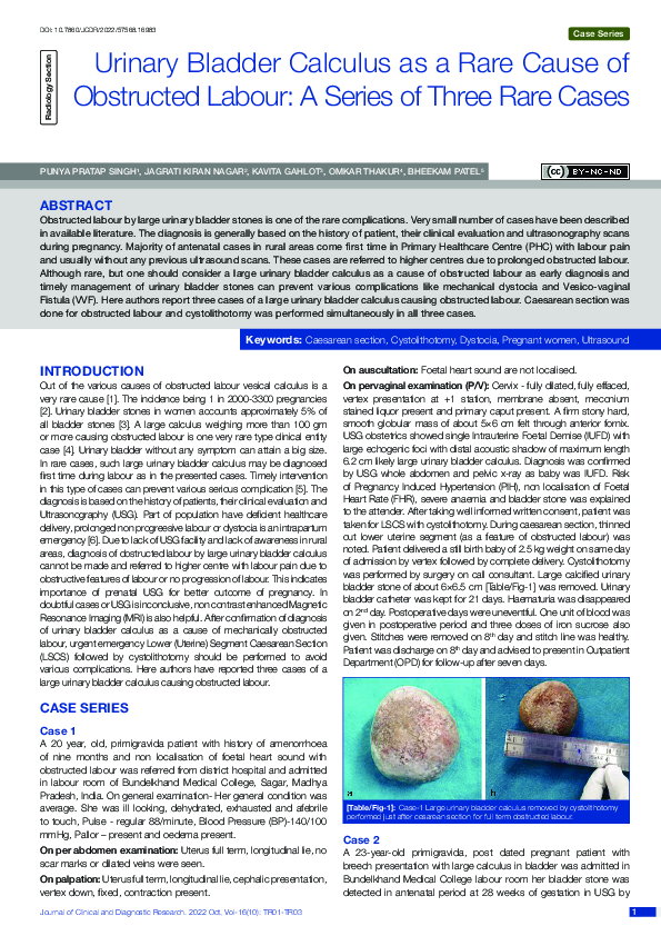 (PDF) Urinary Bladder Calculus as a Rare Cause of Obstructed Labour: A ...