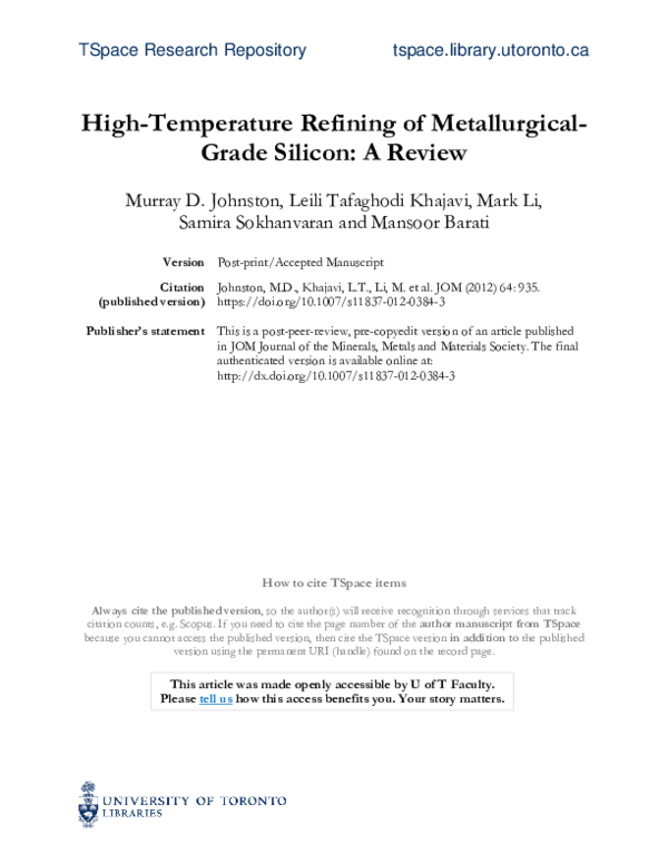 (PDF) High-Temperature Refining of Metallurgical-Grade Silicon: A Review