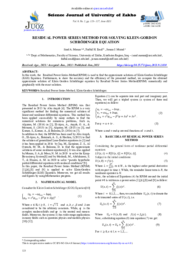(PDF) Residual Power Series Method for Solving Klein-Gordon Schrödinger Equation