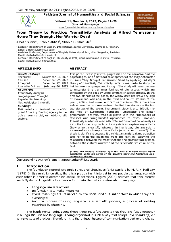 (PDF) From Theory to Practice: Transitivity Analysis of Alfred Tennyson ...