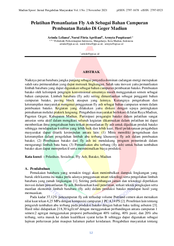 (PDF) Pelatihan Pemanfaatan Fly Ash Sebagai Bahan Campuran Pembuatan Batako Di Geger Madiun