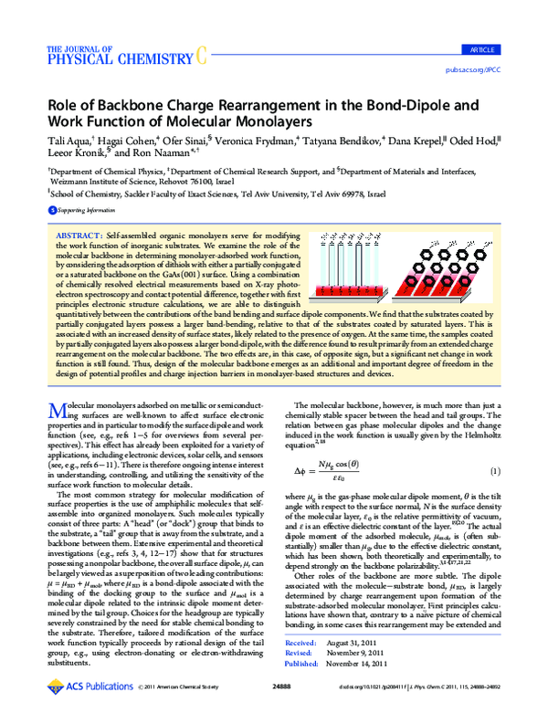 (PDF) Role of Backbone Charge Rearrangement in the Bond-Dipole and Work ...