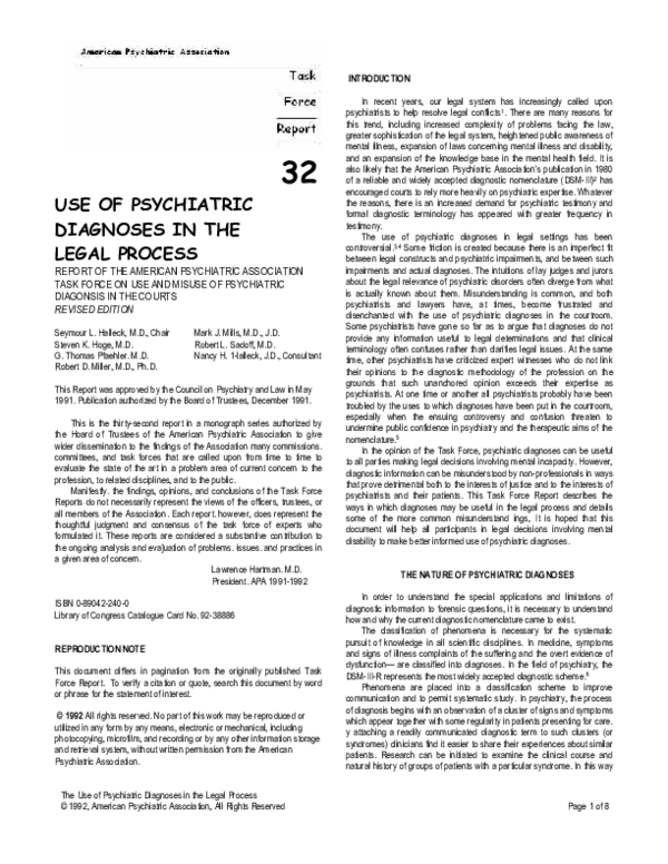 (PDF) Use of Psychiatric Diagnoses in the Legal Process Report of the ...