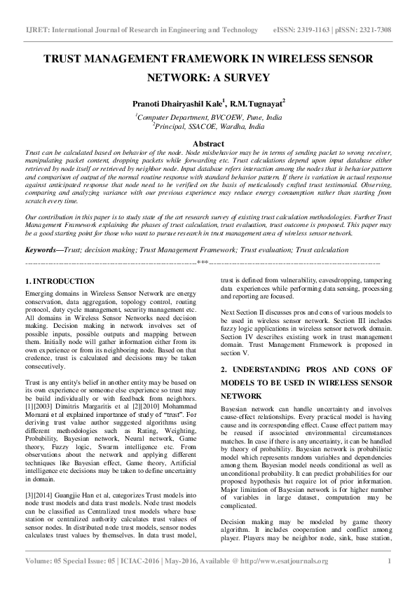(PDF) Trust Management Framework in Wireless Sensor Network: A Survey