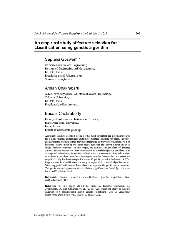 (PDF) An empirical study of feature selection for classification using genetic algorithm