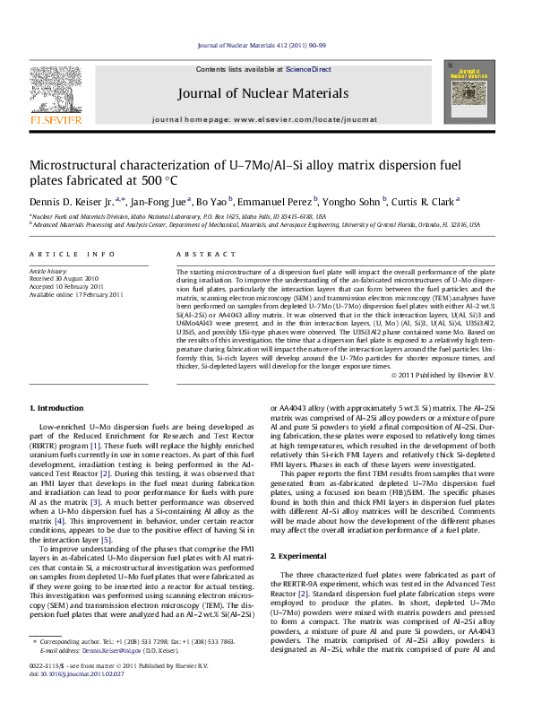 (PDF) Microstructural characterization of U–7Mo/Al–Si alloy matrix ...