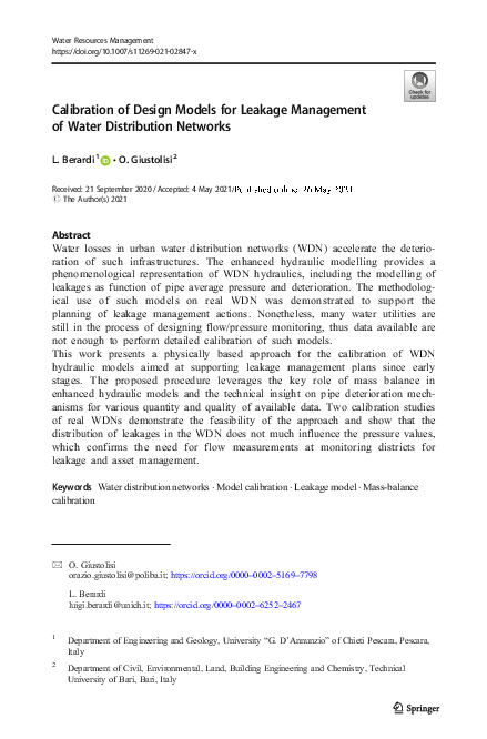 (PDF) Calibration of Design Models for Leakage Management of Water Distribution Networks