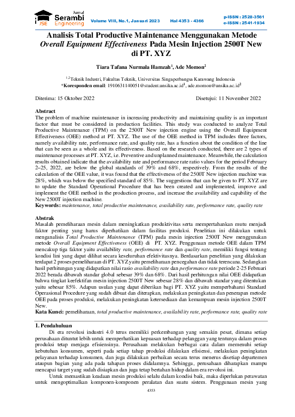 (PDF) Analisis Total Productive Maintenance (TPM) Menggunakan Metode ...