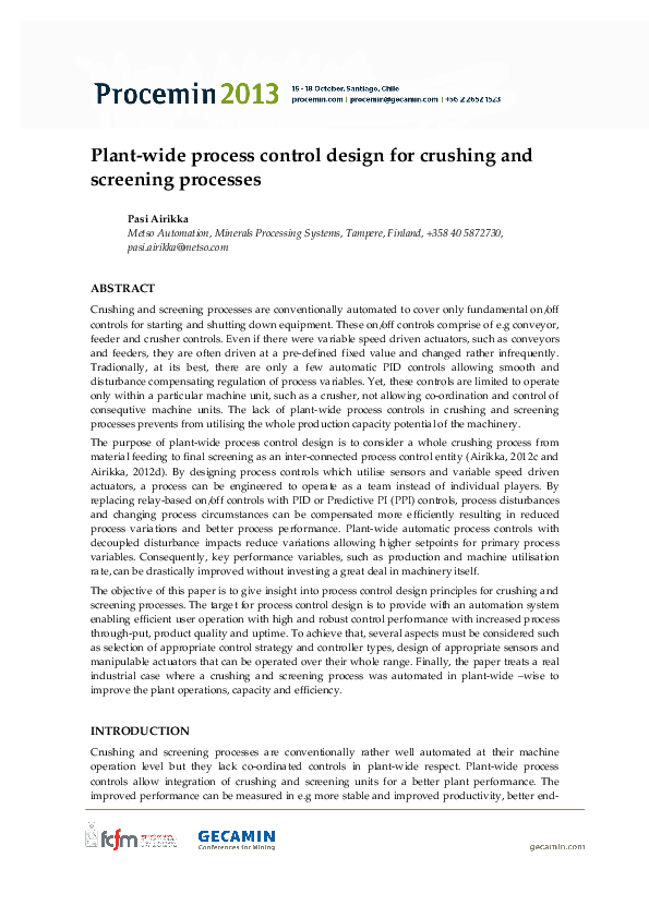 (PDF) Plant-wide process control design for crushing and screening processes