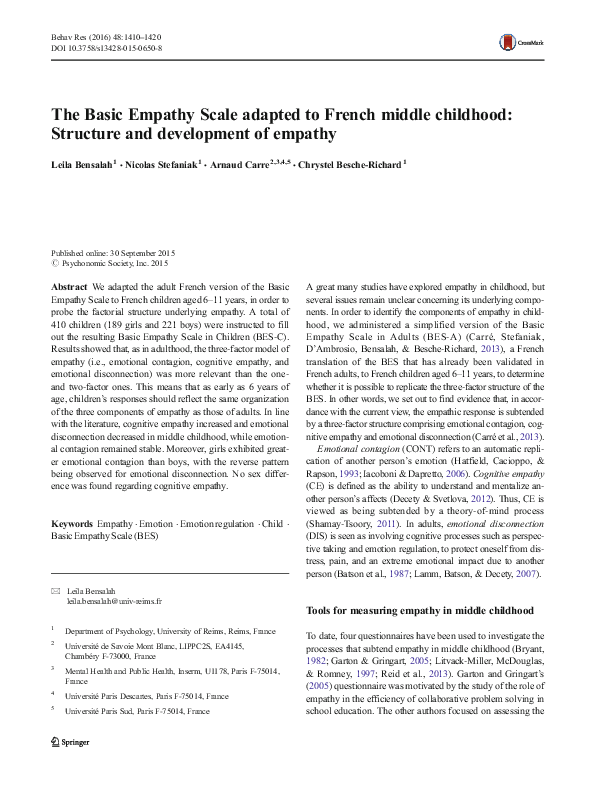 (PDF) The Basic Empathy Scale adapted to French middle childhood ...