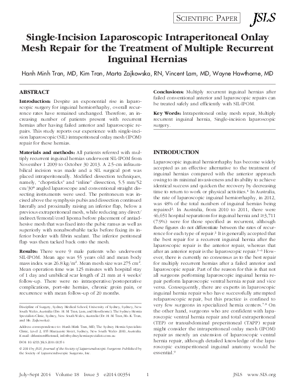 (PDF) Single-incision laparoscopic intraperitoneal onlay mesh hernioplasty for anterior ...
