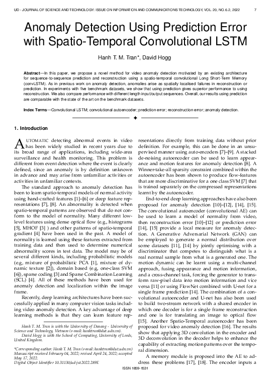 Pdf Anomaly Detection Using Prediction Error With Spatio Temporal Convolutional Lstm Hanh