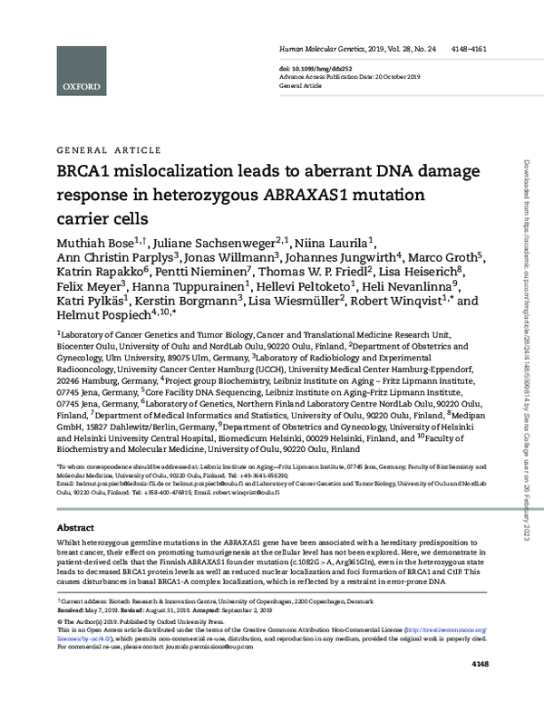 (PDF) BRCA1 mislocalization leads to aberrant DNA damage response in heterozygous ABRAXAS1 ...