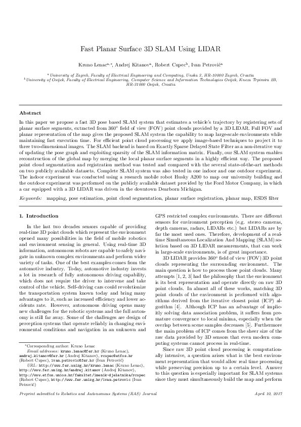 Pdf Fast Planar Surface 3d Slam Using Lidar Robert Cupec