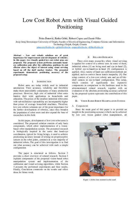 (PDF) Low cost robot arm with visual guided positioning
