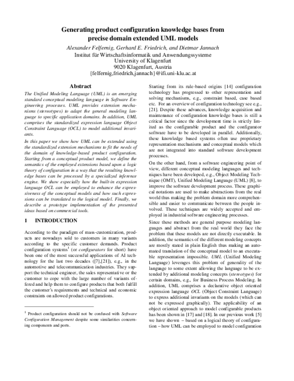 Pdf Generating Product Configuration Knowledge Bases From Precise Domain Extended Uml Models