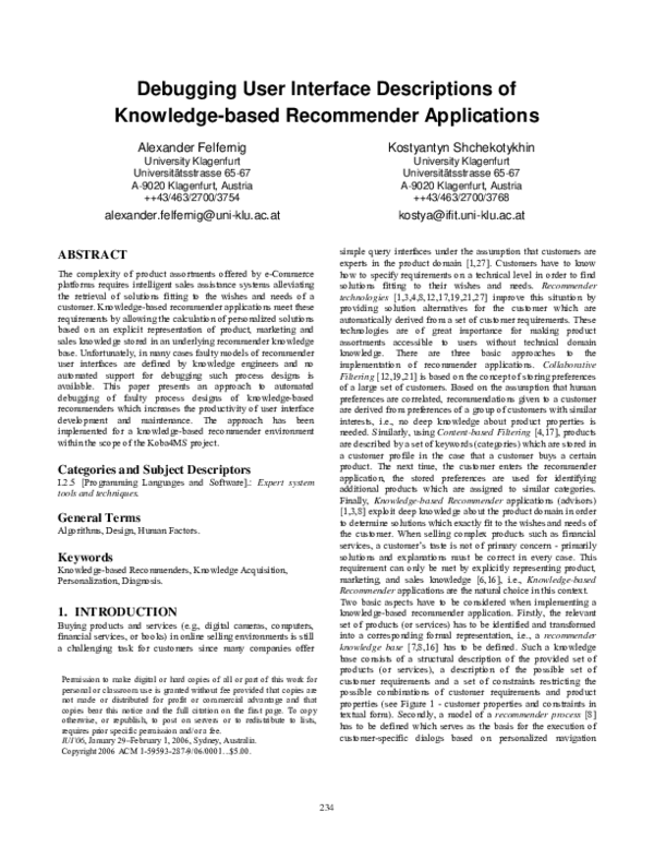 Pdf Debugging User Interface Descriptions Of Knowledge Based Recommender Applications