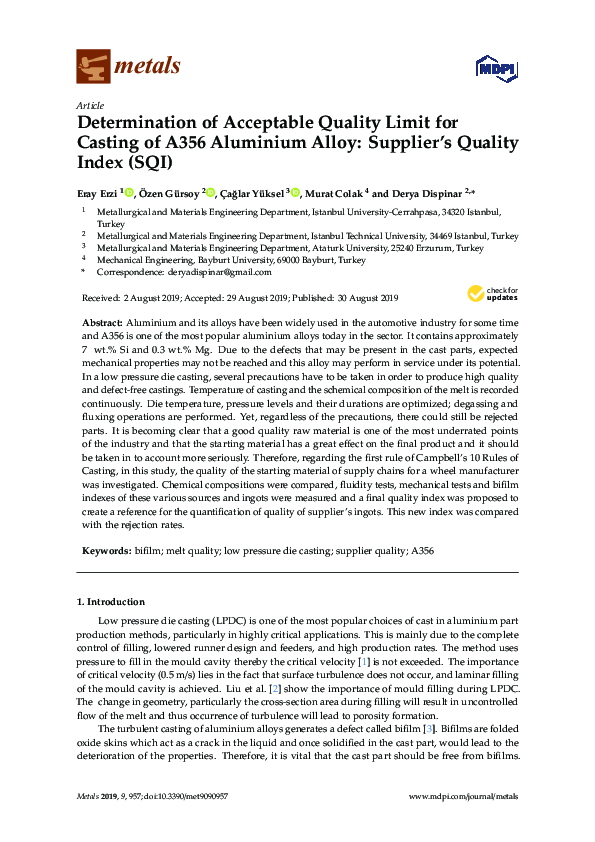 (PDF) Determination of Acceptable Quality Limit for Casting of A356 ...