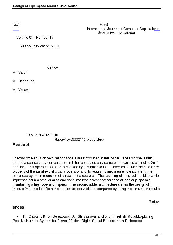 (PDF) Design of High Speed Modulo 2n+1 Adder