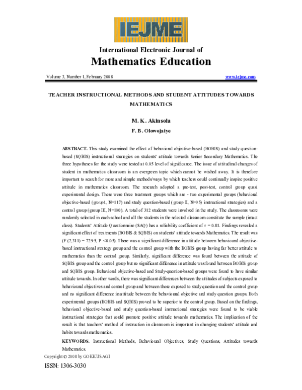(PDF) Teacher Instructional Methods and Student Attitudes towards Mathematics