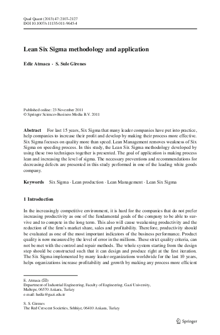 (PDF) Lean Six Sigma methodology and application