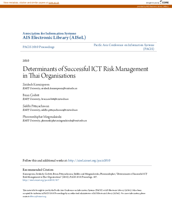 (PDF) Determinants of Successful ICT Risk Management in Thai Organisations