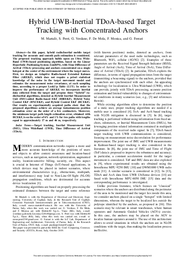 Pdf Hybrid Uwb Inertial Tdoa Based Target Tracking With Concentrated Anchors