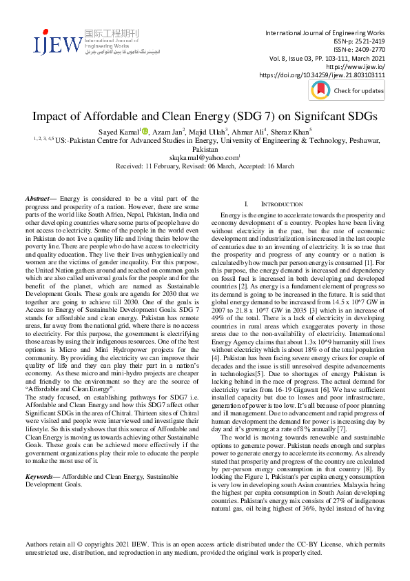 (PDF) Impact of Affordable and Clean Energy (SDG 7) on Signifcant SDGs