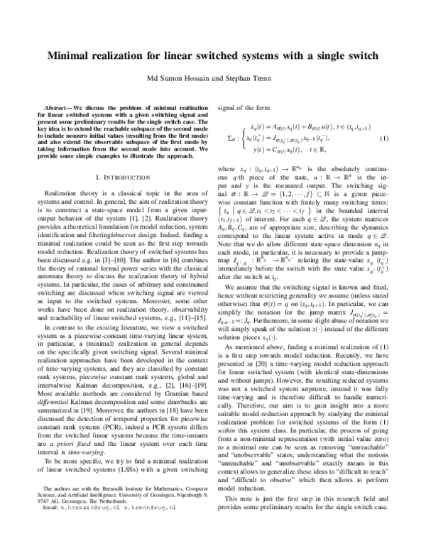 (PDF) Minimal realization for linear switched systems with a single switch | MD SUMON HOSSAIN ...