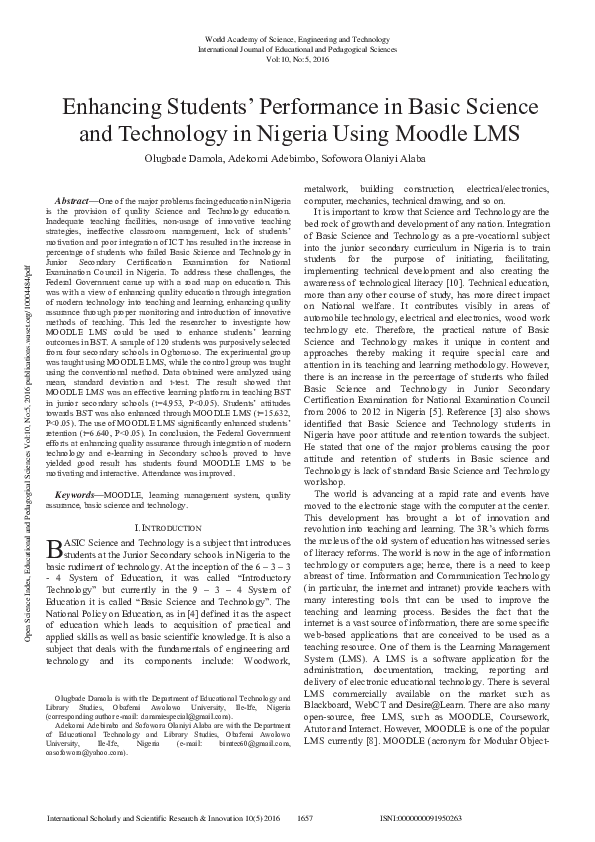 (PDF) Enhancing Students' Performance In Basic Science And Technology In Nigeria Using Moodle Lms