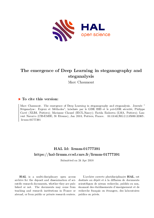 (PDF) Deep Learning in Steganography (2015-2017)