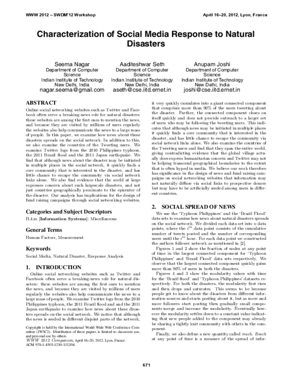 (PDF) Characterization of social media response to natural disasters ...