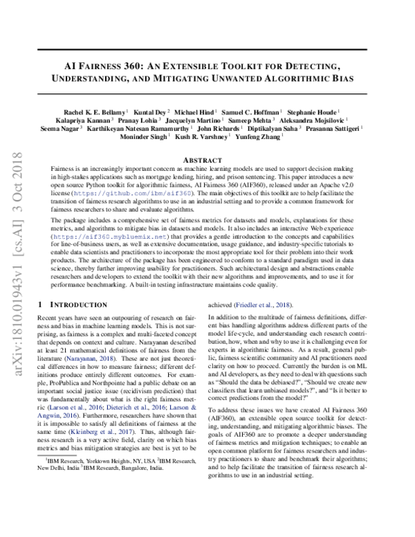 (PDF) AI Fairness 360: An extensible toolkit for detecting and ...