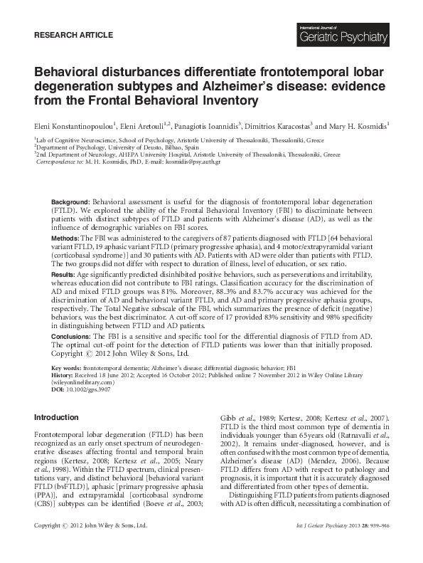 (PDF) Behavioral disturbances differentiate frontotemporal lobar ...