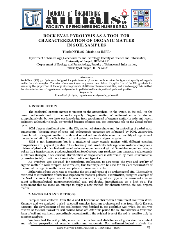 (PDF) Rock Eval Pyrolysis as a Tool for Characterization of Organic Matter in Soil Samples