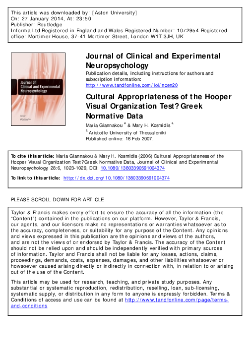 (PDF) Cultural Appropriateness of the Hooper Visual Organization Test ...