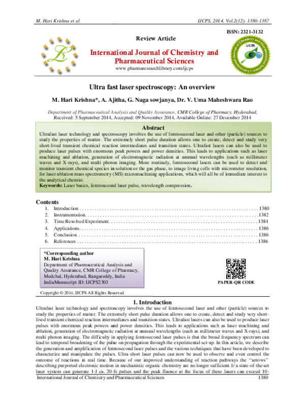 (PDF) Ultra fast laser spectroscopy: An overview